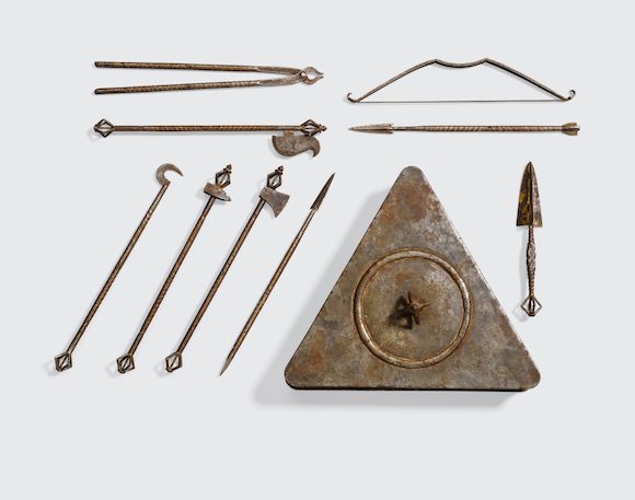 Bonhams : A GOLD, SILVER, AND COPPER INLAID IRON SET OF IMPLEMENTS FOR ...