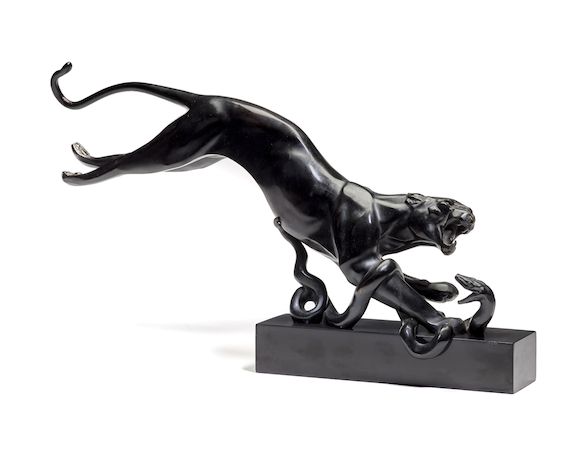 Bonhams : An Art Deco patinated bronze group of a Panther and Serpent ...