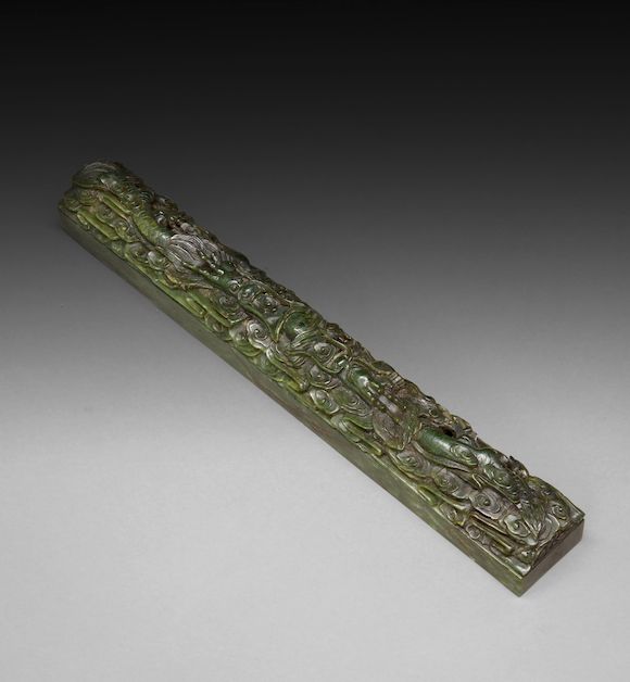 Bonhams : A spinach jade scroll weight Republic Period