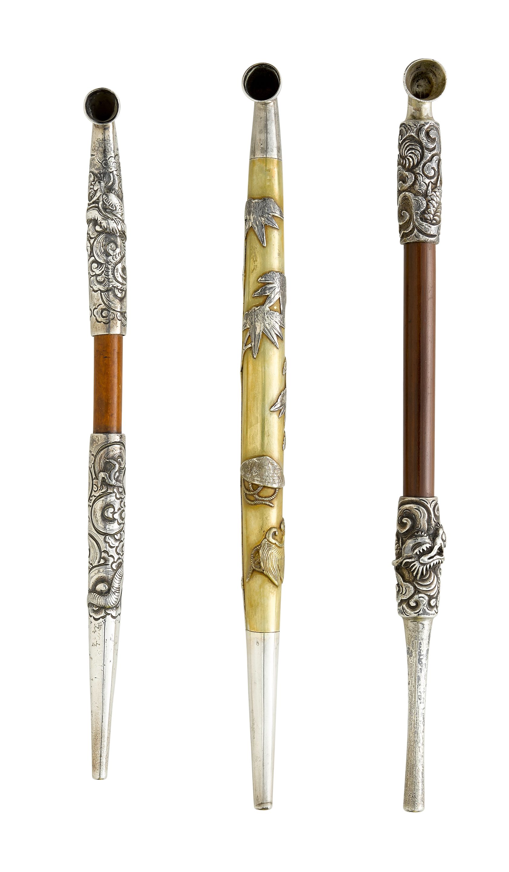 Bonhams : A shinchu kiseru (pipe) and two silver and bamboo kiseru ...