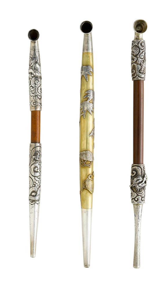 Bonhams : A shinchu kiseru (pipe) and two silver and bamboo kiseru ...