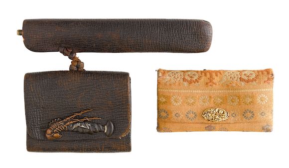 Bonhams : A leather tabako-ire (tobacco pouch) and kiseruzutsu (pipe ...