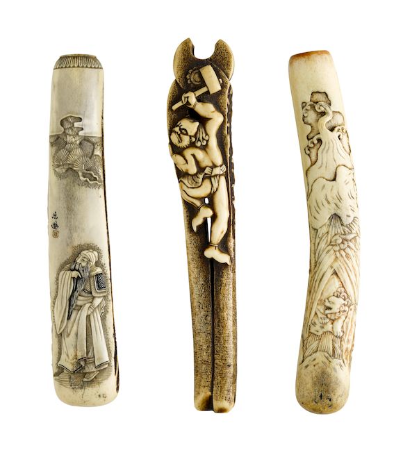 Bonhams : A set of three stag-horn kiseruzutsu (pipe cases) The first ...