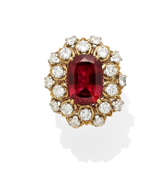 Bonhams : A synthetic ruby, diamond and bi-color gold ring