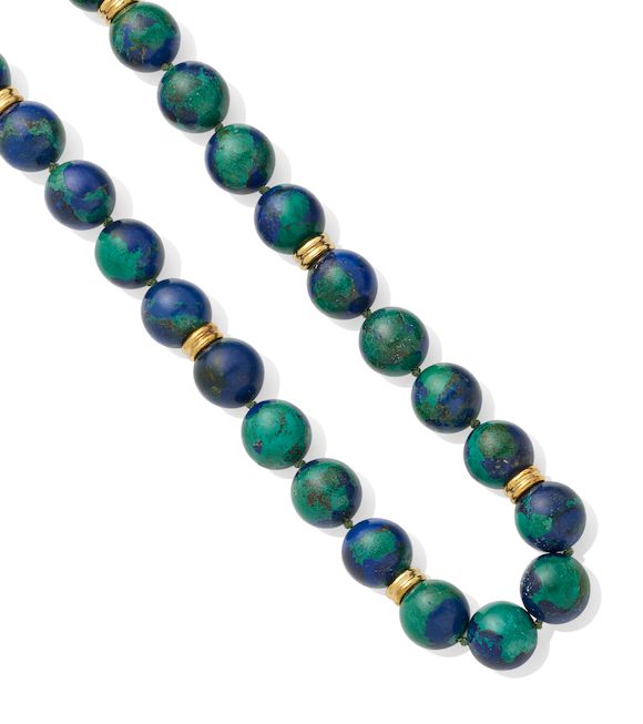 Bonhams : An azurmalachite bead and 18K gold necklace