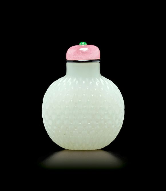 Bonhams : A white jade 'basket weave' snuff bottle 1750-1830