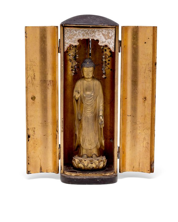 Bonhams : A bronze model of Amida in a zushi (porable shrine) Edo ...