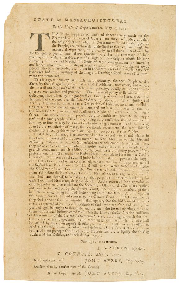 Bonhams : MASSACHUSETTS CONSTITUTION. State of Massachusetts-Bay, In ...