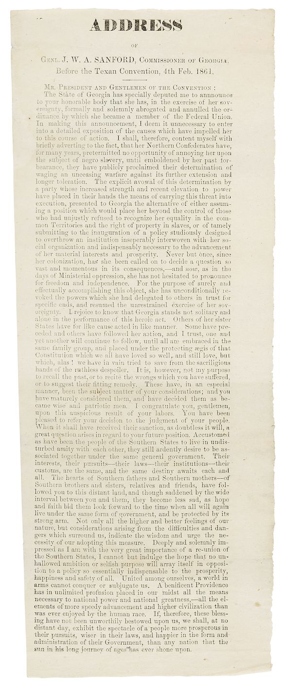 Bonhams : TEXAS SECESSION BROADSIDE. SANFORD, JOHN W.A. 1798-1870 ...