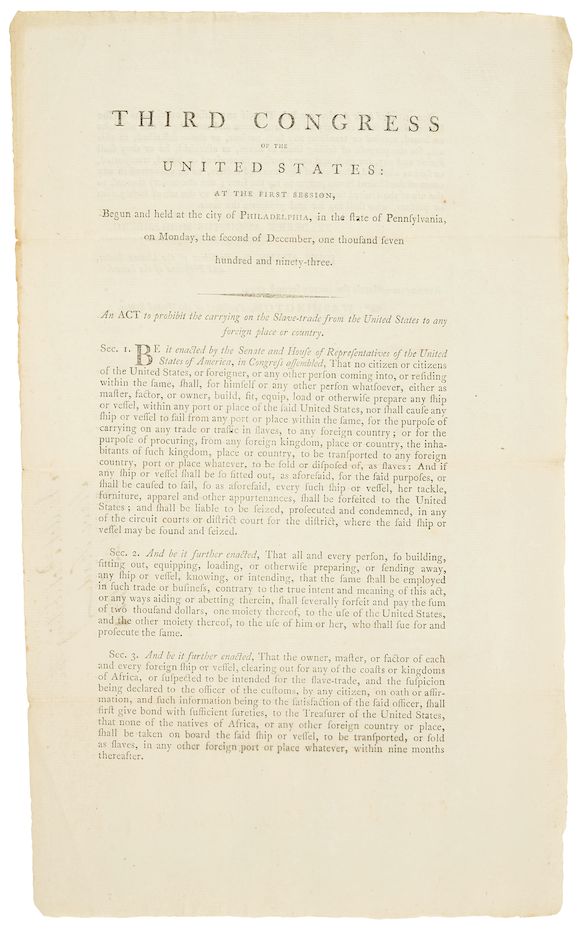 Bonhams : SLAVE TRADE ACT OF 1794. An Act to prohibit the carrying on ...