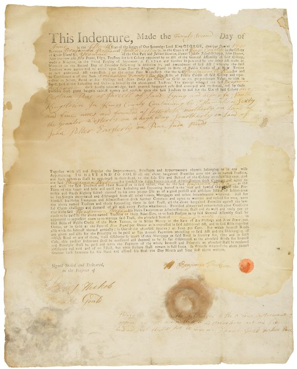 Bonhams : EARLY RHODE ISLAND LAND INDENTURE. Partially printed document ...
