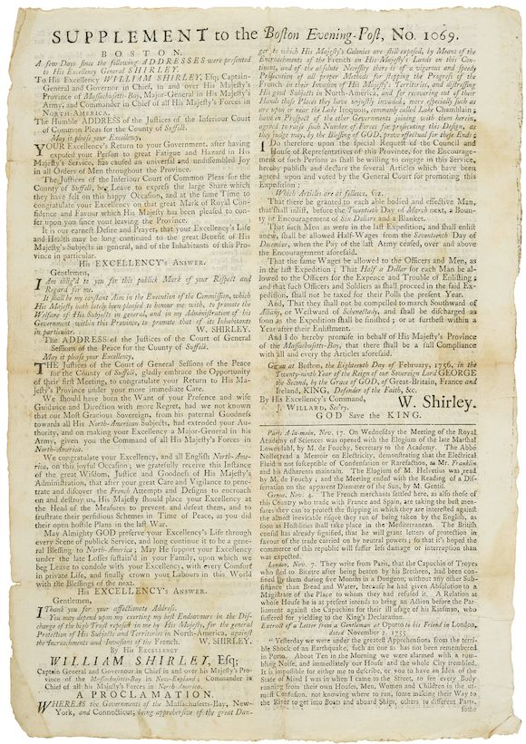 Bonhams : FRENCH AND INDIAN WAR: SHIRLEY'S PROCLAMATION. SHIRLEY ...