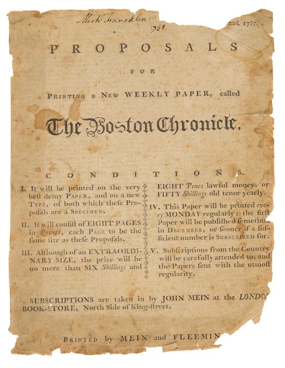 Bonhams : FOUNDING OF THE BOSTON CHRONICLE. Proposals for Printing a ...