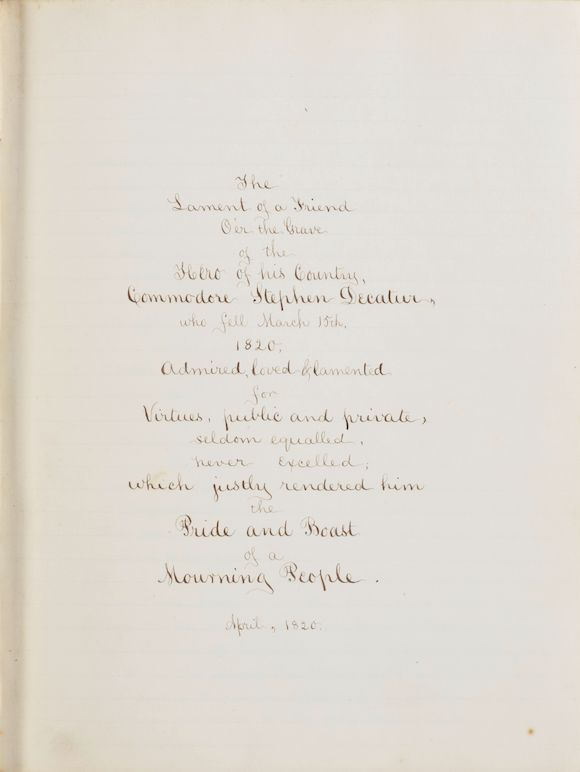 Bonhams : [DECATUR, STEPHEN. 1779-1820.] Manuscript poem on paper ...