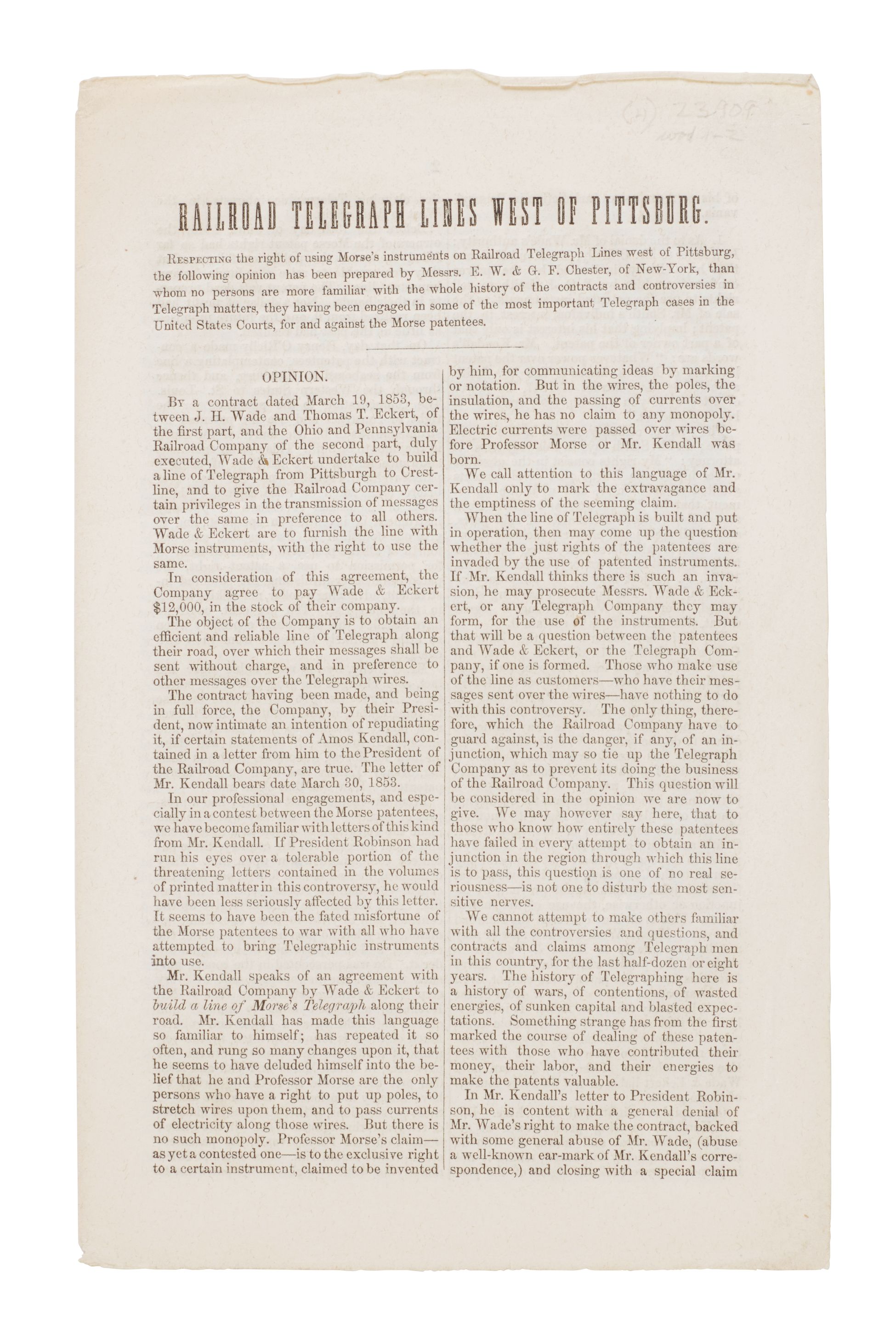 Bonhams : EXPANSION OF THE TELEGRAPH NETWORK. O'RIELLY, HENRY. 1806 ...