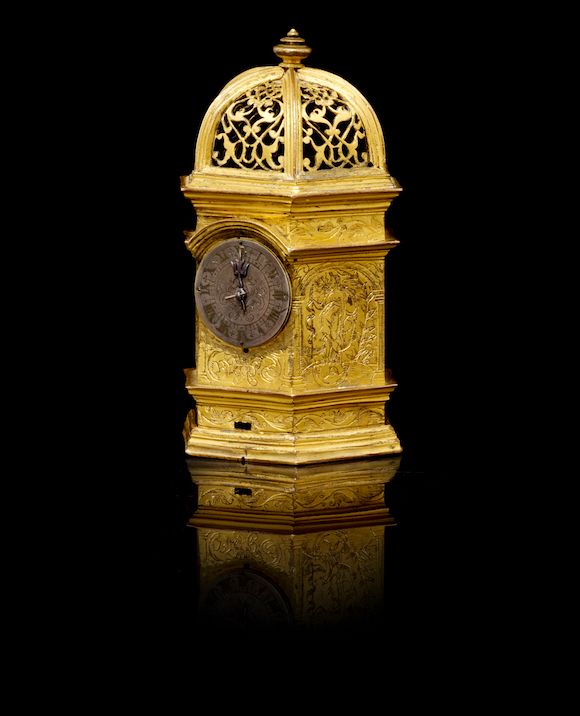 Bonhams : A very rare and early gilt brass small hexagonal table clock ...