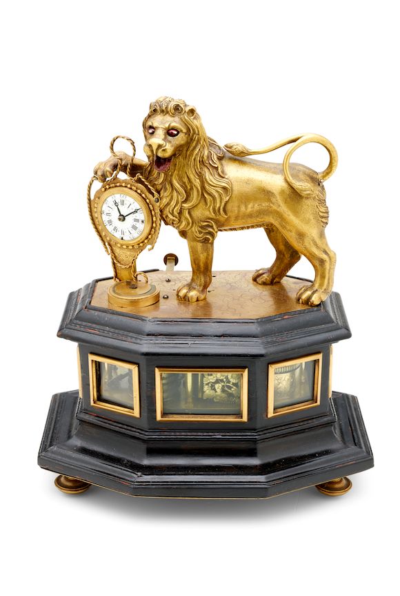 Bonhams : A gilt brass quarter striking Lion Automaton Clock Signed JOH ...