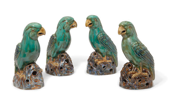 Bonhams Four Chinese Green Glazed Earthenware Parrots 20th Century