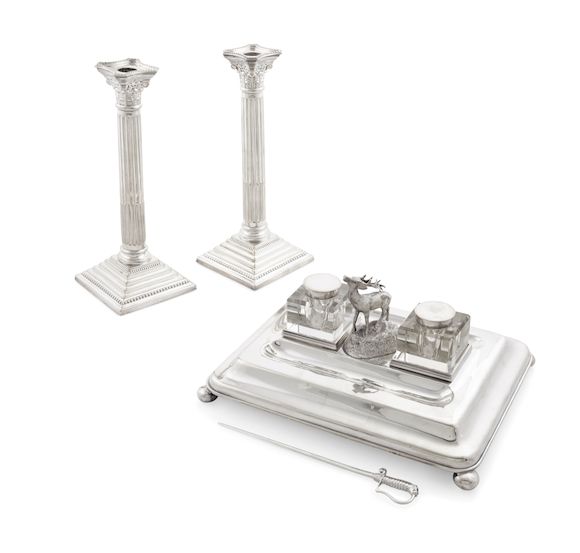 Bonhams : An English silverplate writing stand with mounted stag by J.B ...