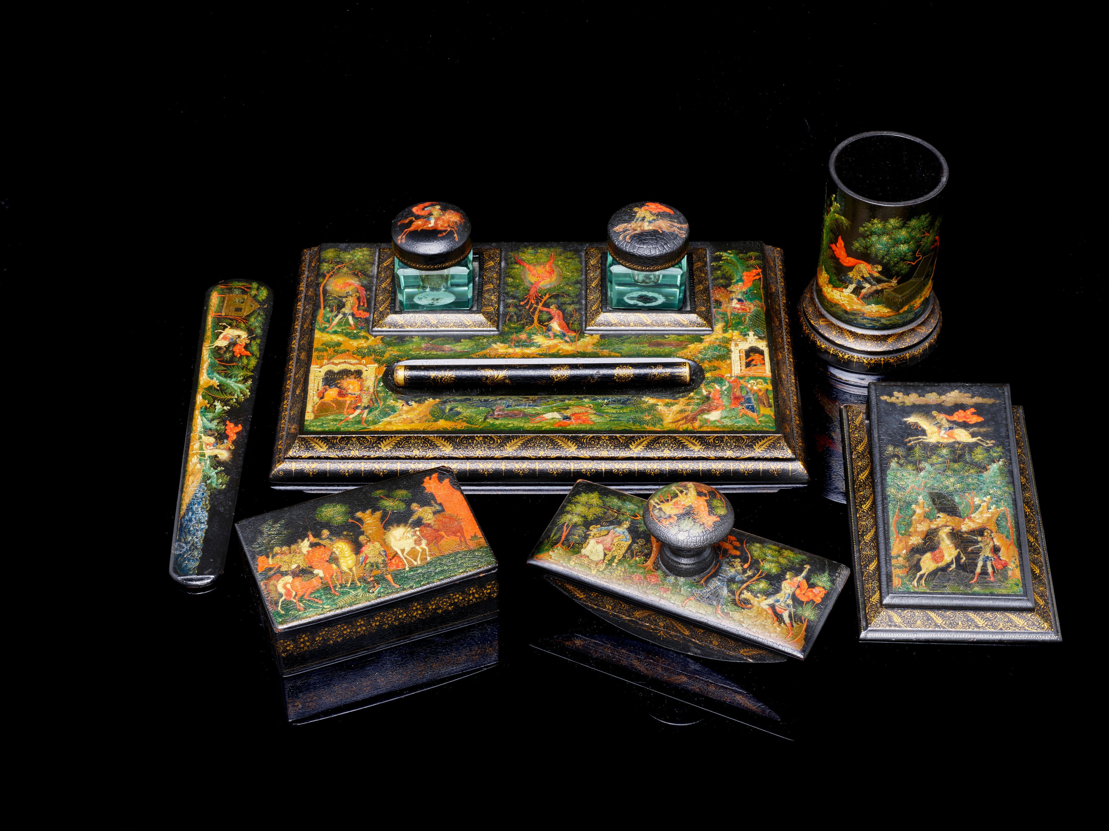 Bonhams : A painted papier-mâché desk-setPalekh, artist Dmitry Butorin, 1925-1928