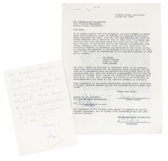 Bonhams : An Irene Dunne and Charles Feldman group of signed correspondence