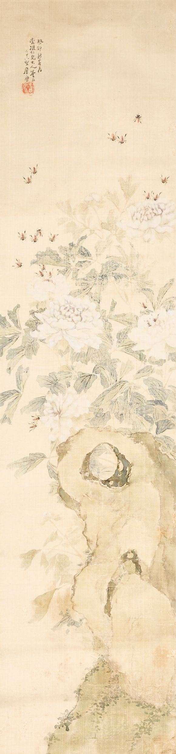 Bonhams : Ju Lian (1828-1904) Bees Among Peonies and Rocks, 1903