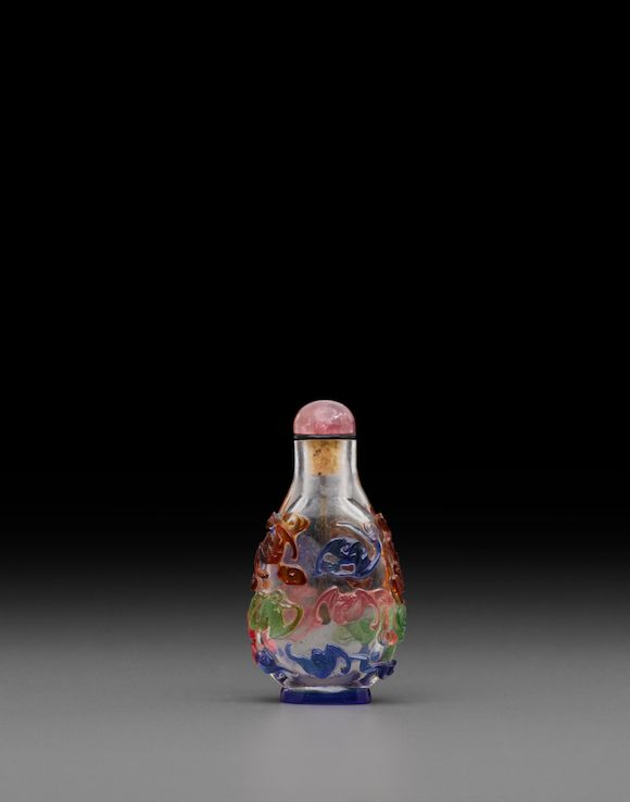 Bonhams : A four-color overlaid clear glass 'nine bats' snuff bottle ...