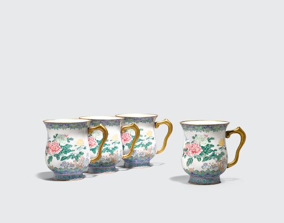 Bonhams : A group of four painted enamel metal cups 20th century
