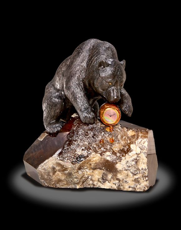 Bonhams : Multi-gemstone Clock with Carved Bear--Honey Time by Manfred Wild