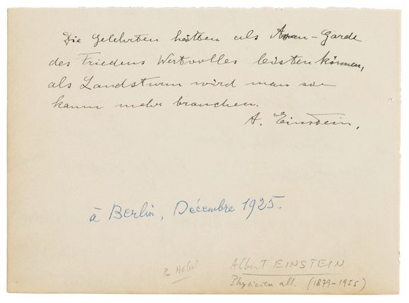 Bonhams : EINSTEIN, ALBERT. 1879-1955. Autograph Note Signed (A ...