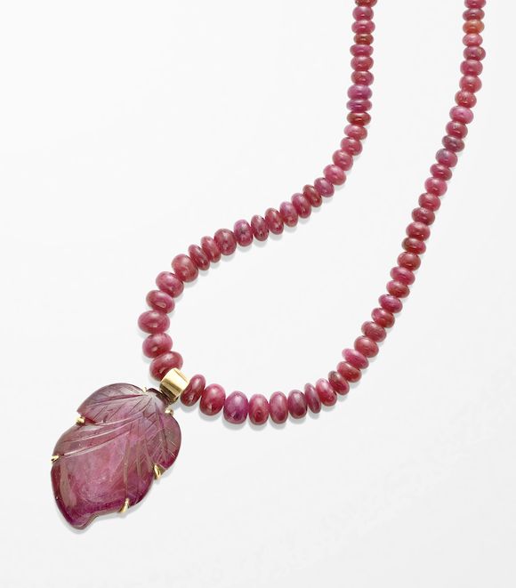 Bonhams : Carved Ruby Leaf Pendant Necklace
