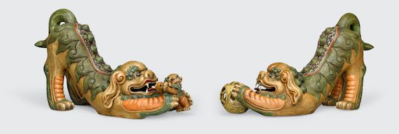 Bonhams : A PAIR OF POLYCHROME ENAMELED CERAMIC LIONS Zeng Longsheng ...
