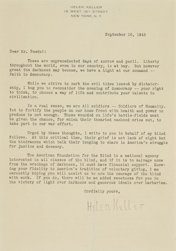 Bonhams : KELLER, HELEN. 1880-1968. Typed Letter Signed ("Helen Keller ...