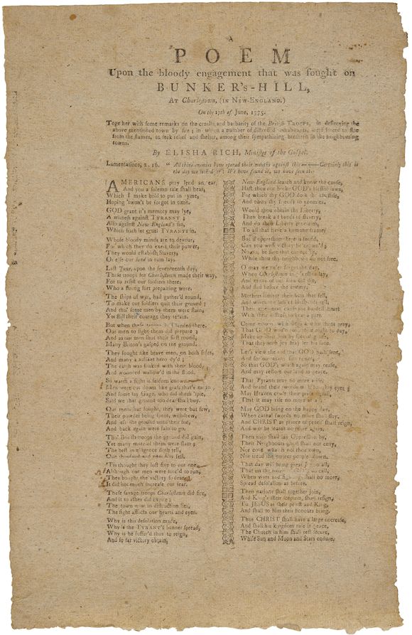 Bonhams : BATTLE OF BUNKER HILL. RICH, ELISHA. 1740-1812. A Poem Upon ...