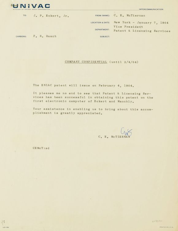 Bonhams : UNIVAC: ANNOUNCING THE FIRST PATENT FOR A COMPUTER. MCTIERNAN ...
