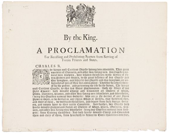 Bonhams : CHARLES II, PIRACY AND IMPRESSMENT. By the King. A ...