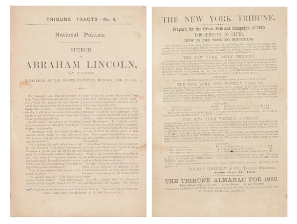 Bonhams : LINCOLN'S SPEECH AT COOPER UNION. Tribune Tracts. No. 4 ...