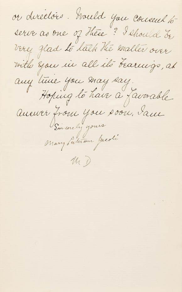 Bonhams : JACOBI, MARY PUTNAM. 1842-1906. Autograph Letter Signed ...