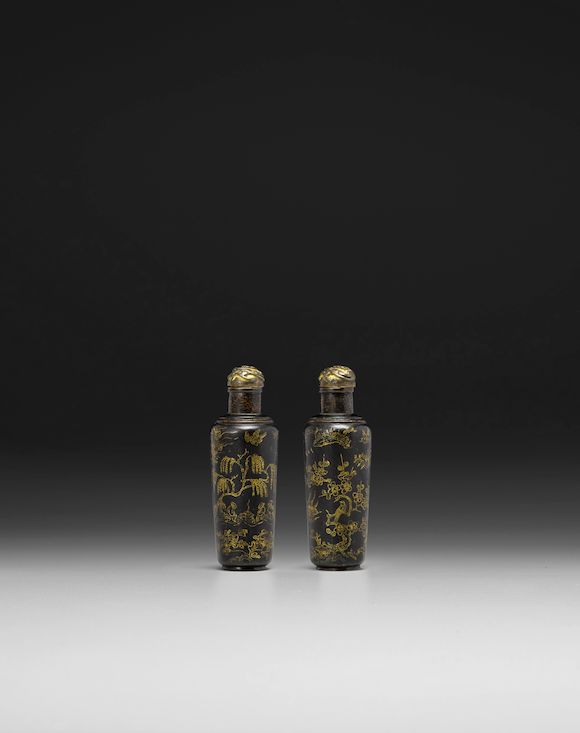 Bonhams : AN UNUSUAL INCISED AND GILT INFILLED METAL SNUFF BOTTLE 18th ...