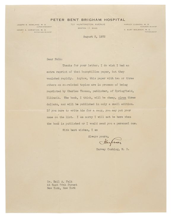 Bonhams : CUSHING, HARVEY. 1869-1939. Typed Letter Signed (Harvey ...