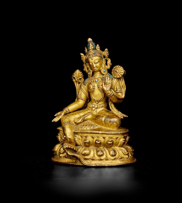 Bonhams : A GILT COPPER ALLOY FIGURE OF TARA NEPAL, KHASA MALLA, 13TH ...