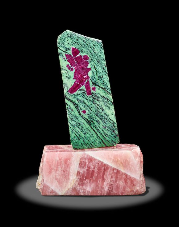 Bonhams : Ruby-in-Zoisite on Rose Quartz Sculpture by Helmut Wolf