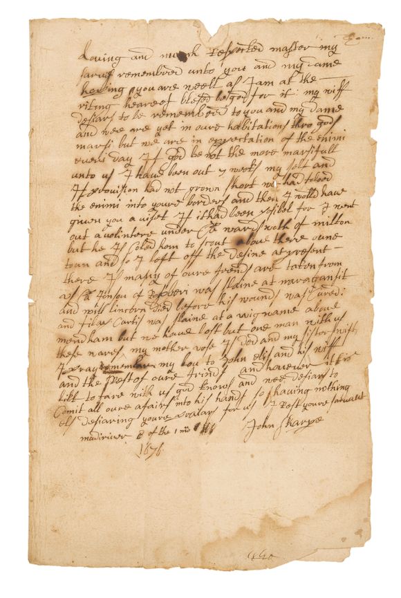 Bonhams : King Philip's War. SHARPE, JOHN. Autographed Letter Signed ...