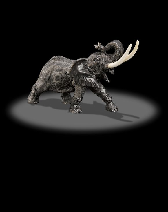 Bonhams : Black Obsidian Carving of an Elephant