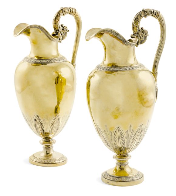 Bonhams : A near pair of gilt silver ewers one by Henry Chawner, London ...