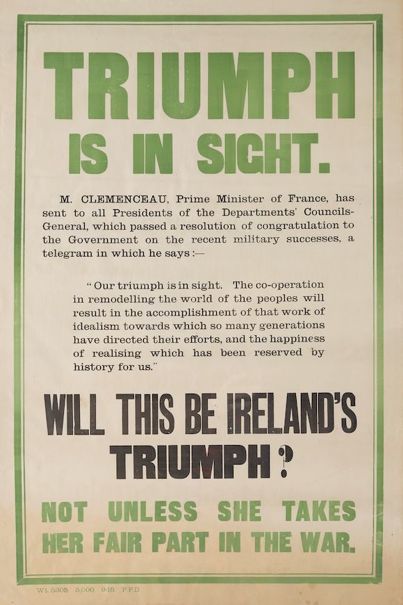 Bonhams : WORLD WAR I IRISH RECRUITMENT POSTER. Triumph is in Sight ...