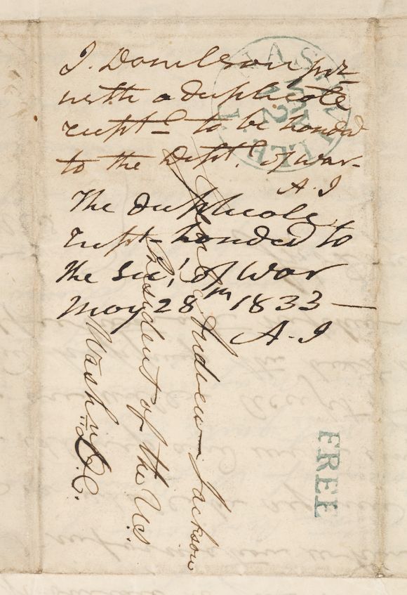 Bonhams : JACKSON, ANDREW. 1767-1845. Autograph Endorsement Initialed ...
