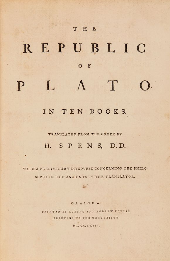 Bonhams : PLATO. SPENS, [HARRY], translator. The Republic of Plato. In ...