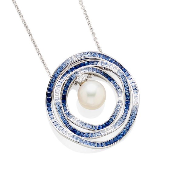Bonhams : A cultured pearl, sapphire, diamond and rhodium plated 18k white gold 'Ocean Ripple ...