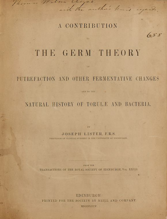 Bonhams : LISTER, JOSEPH. 1827-1912. A Contribution to the Germ Theory ...
